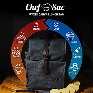 Chef Sac Waxed Canvas Insulated Lunch Bag for Women & Men | Thermal Insulation Material Keeps Food Hot OR Cold | Reusable, Water Resistant & Fits Large Lunch Box | Includes Sling Strap (Black)