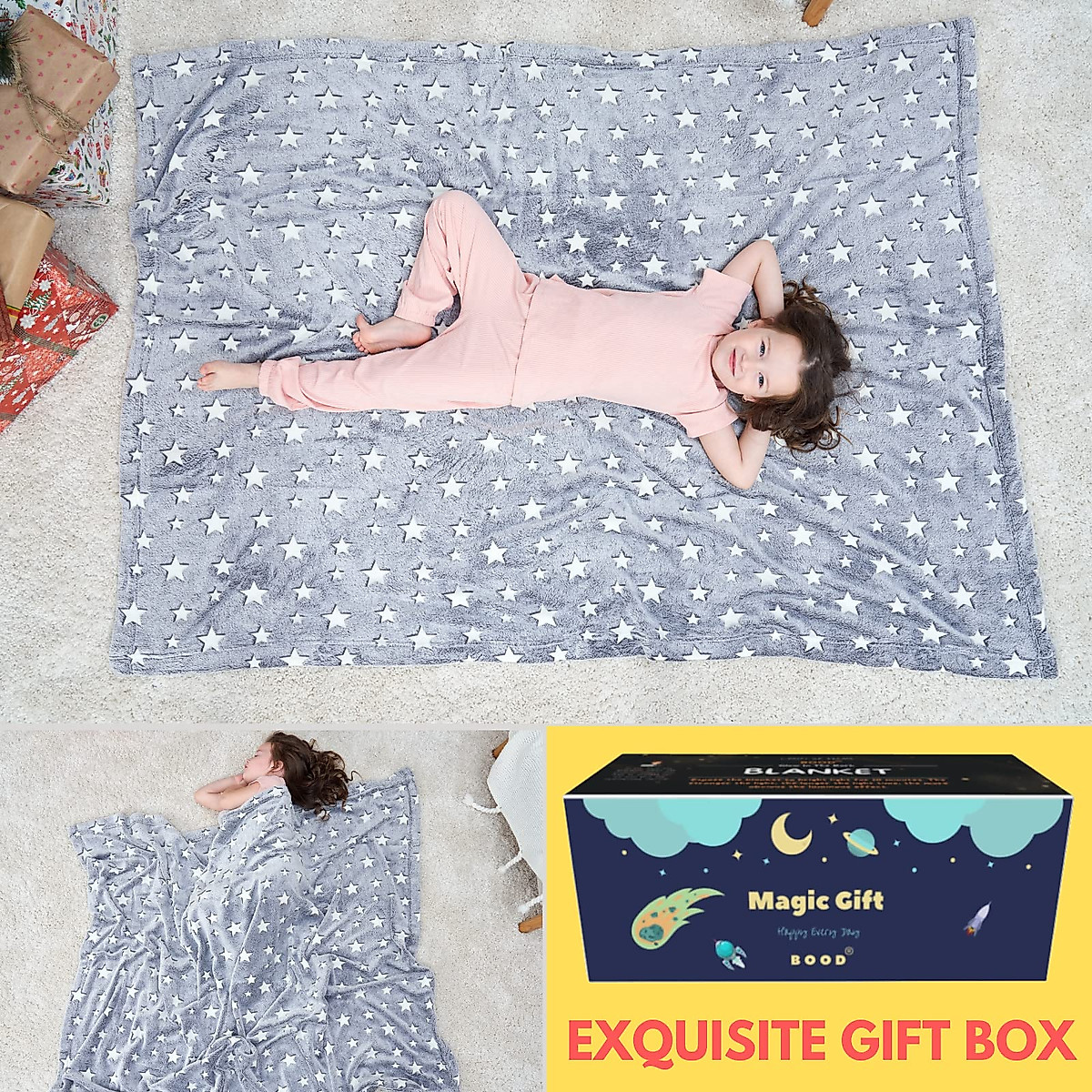 Bood Glow in The Dark Blanket, Soft Kids Fuzzy Throw Blankets, for Boy and Girl, Personalized Blankets, Soft Fluffy Fleece Plush Furry Throw, Funny Presents(50"x60",Star Pattern)