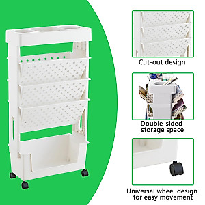 Esamploe 5 Tier Book Rack Storage Bookshelf,Rolling Small Bookshelf for Small Spaces with Double Sided Storage,Kids Bookshelf for Childrens Students in The Classroom Bedroom Library Study