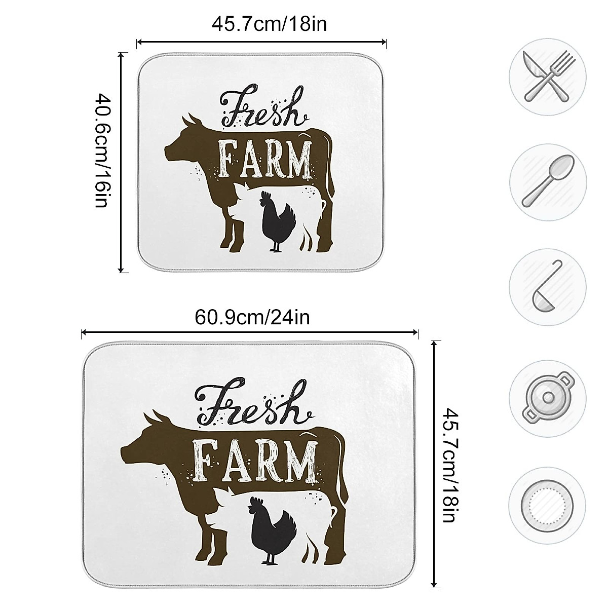 Kcldeci Dish Mat Dish Drying Mat for Kitchen, Kitchen Drying Pad Farmhouse Dish Drainer Rack Farm Cow Rooster Cock Drying Mat 16 X 18 Inch