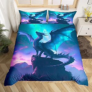 Dragon Duvet Cover Set Queen Size,Blue Purple Nebula Galaxy Bedding Set Kids Boys Girls Room Decor,Mountain Wildlife Nature Comforter Cover 3Pcs,Western Magical Dragon Bedspreads Cover,2 Pillowcases