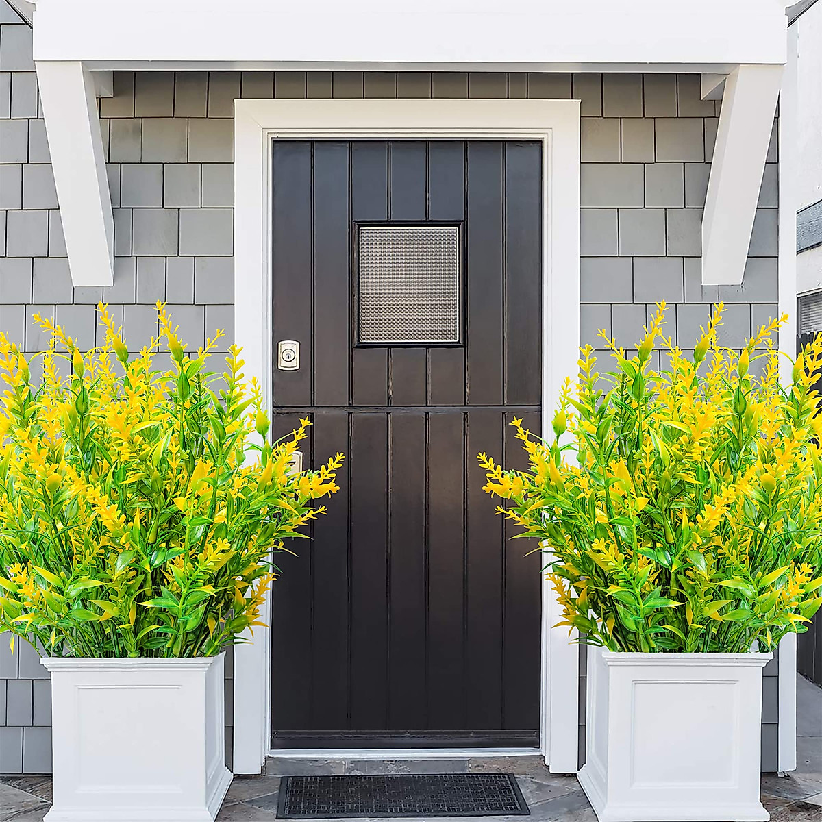 AUMVEYI 4 Bundles Artificial Lavender Mums Flowers Outdoor Fake Plants UV Resistant Faux Greenery Plastic Bouquet Bulk Decoration for Home Outside Garden Porch Hanging Planter Farmhouse Decor (Yellow)