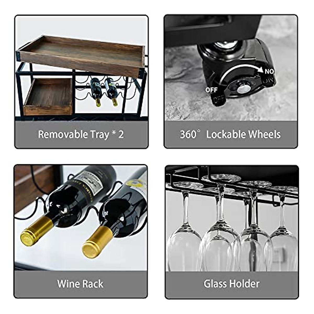 Ohsuaniy Bar Cart Industrial Kitchen Serving Carts for Home 3 Tier Storage Trolley with Wine Rack Glasses Holder Two Portable Trays Universal Casters with Brakes Rustic Rolling Cart Alcoholic Beverage