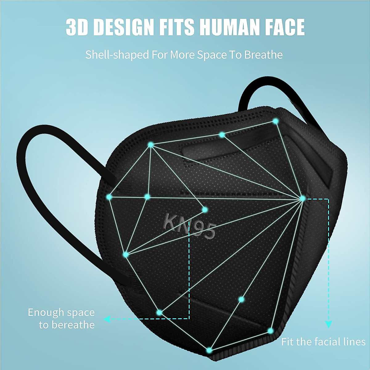 FENFEN KN95 Face Masks for Adults - KN95 Mask Disposable with 5-Layer Protection, 3D Safety Breathable Dust Face Mask for Women Men - Individually Wrapped - 50 Pack (Black, White, Light Blue)