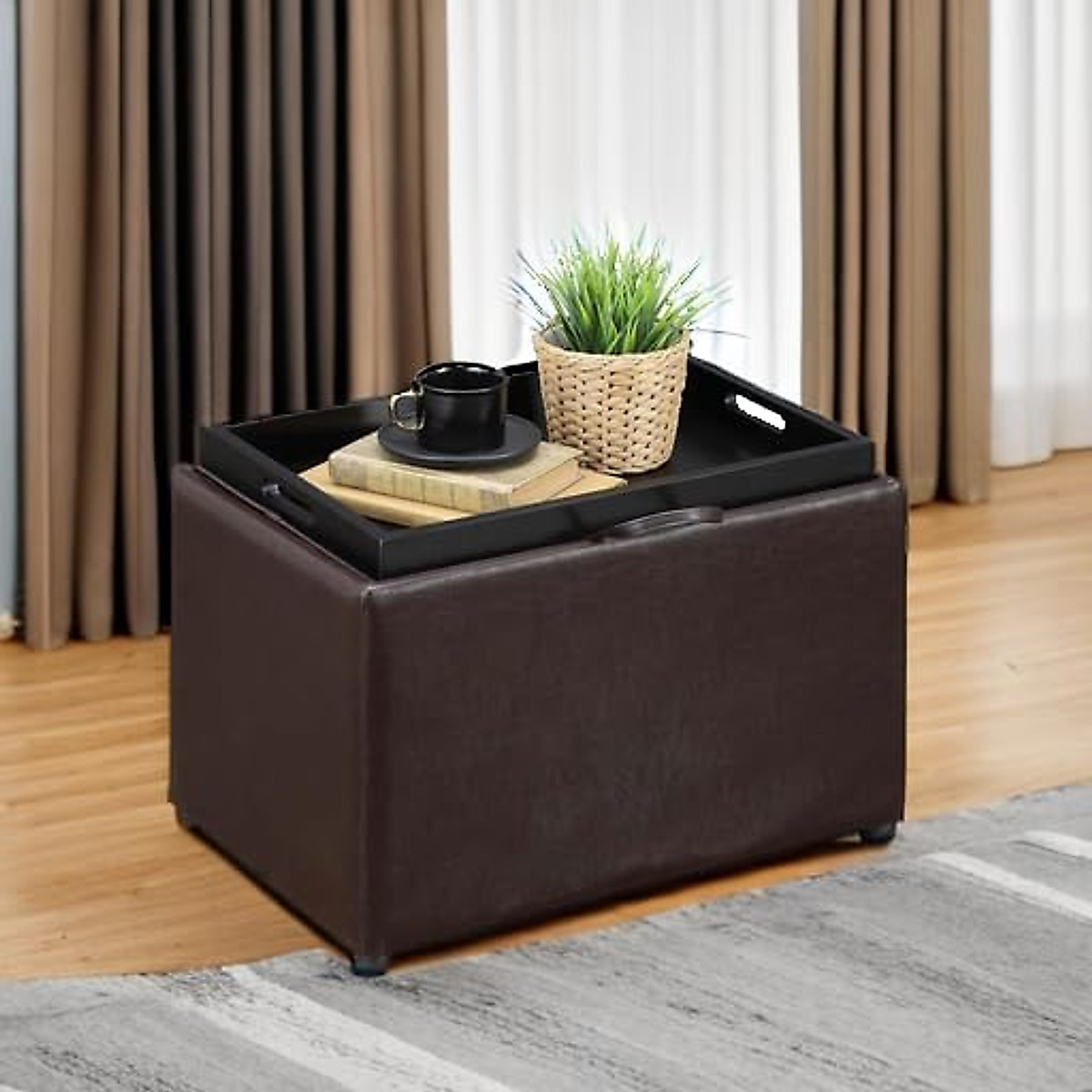 Convenience Concepts Designs4Comfort Accent Storage Ottoman 22.75" - Modern Foot Stool with Decorative Tray for Living Room, Dining Room, Office, Den, Espresso Faux Leather