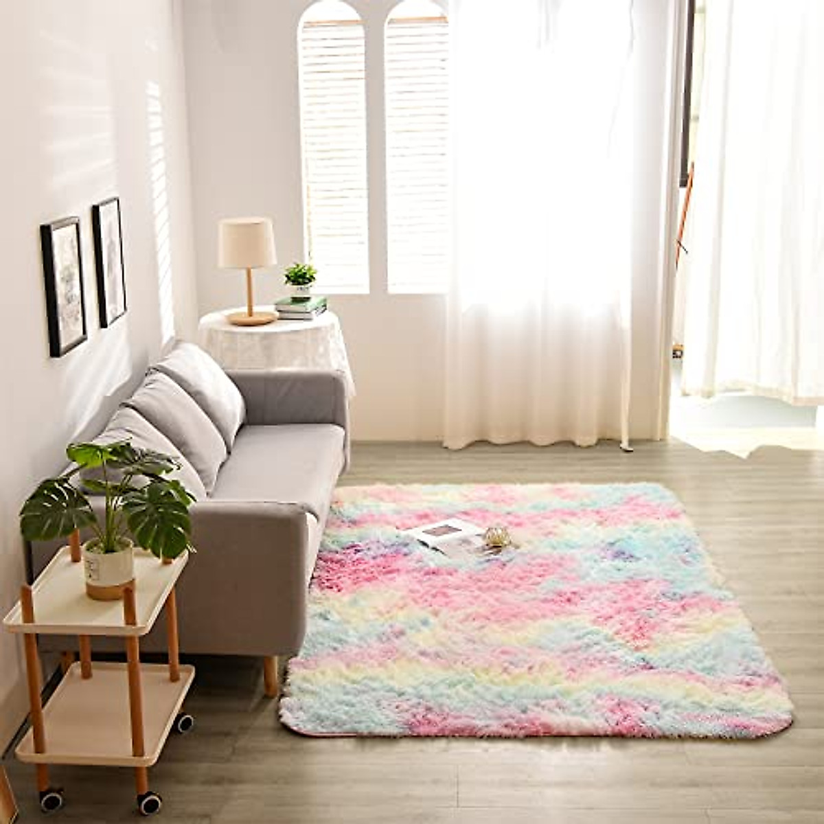 A Nice Night Shaggy Fluffy Faux Fur Area Rug,Tie Dye Style,Soft, Luxurious Shag Carpet Rugs for Nursery Rug, Bedroom, Living Room, Luxury Bed Side Plush Carpets, Rectangle (Light-Pink, 4' x 6')