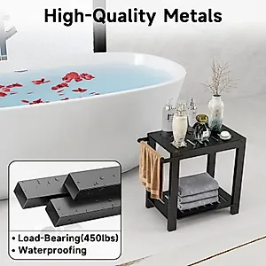 XEENEW Metals Shower Benches with Storage Shelf, 15in Shower Stool for Inside Shower Waterproof, Shower Foot Rest for Shaving Legs, Matte Black Shower Chair