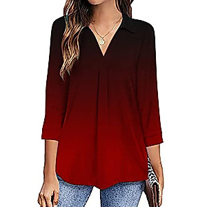 3/4 Sleeve Tops for Women Summer Solid Gradient Color V-Neck Shirts Blouse Empire Waist Loose Casual Trendy 2023