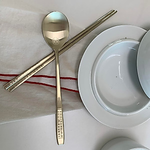 cozymomdeco Korean Made Chopsticks Spoon Set with Korean Letter Hangul Engraved Gold Color 18-10 Stainless Steel Stocking Stoffer Gift for Mom