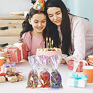 QTOP Cellophane Treat Bags,Iridescent Holographic Goodie Bags, Clear Cello Bags with Twist Ties for Birthday Party Favors, Valentines, Easter, Weddings