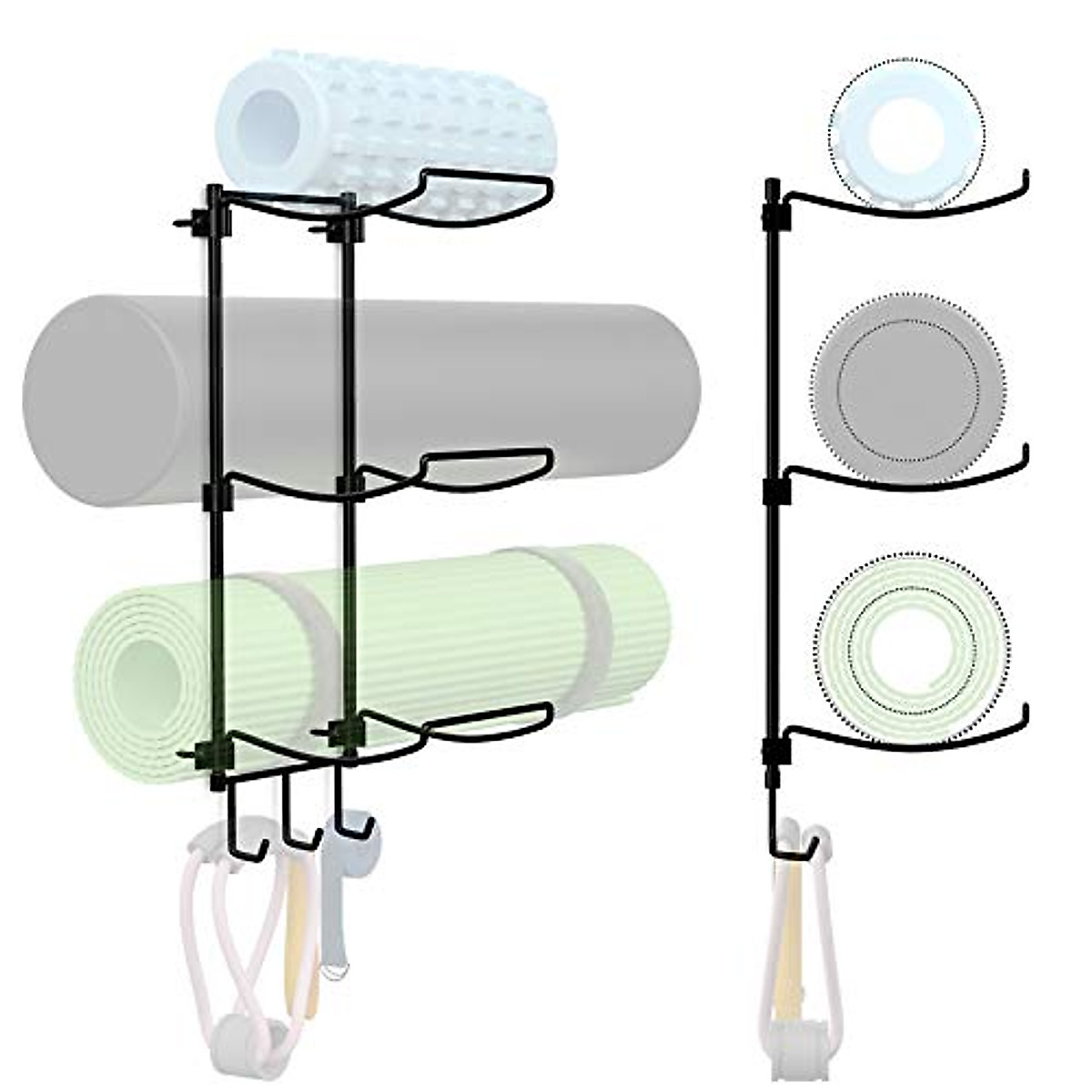 Suchek Yoga Mat Holder Wall Mount, Wall Rack Storage for Yoga Mat, Yoga Tiles, Foam Roller, with 3 Hooks for Hanging Yoga Strap, Resistance Bands, Home Gym Decor for Home Gym Organization (Black)