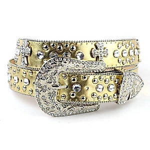 NYFASHION101 Cross Charm Rhinestone Stud Genuine Leather Belt (Large, Gold)
