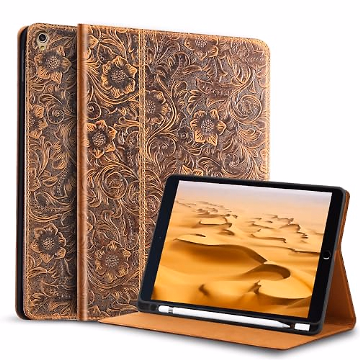 Gexmil iPad air 10.5 Inch 2019 Case, with Built-in Apple Pencil Holder,applies Cowhide Folio Cover for iPad pro 10.5 Genuine Leather case (Pattern-Brown+Pencil Holder)