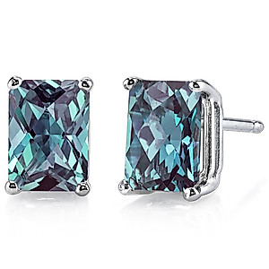 Peora 14K White Gold Created Alexandrite Earrings for Women, Color-Changing Solitaire Studs, 2.50 Carats Radiant Cut, Friction Back