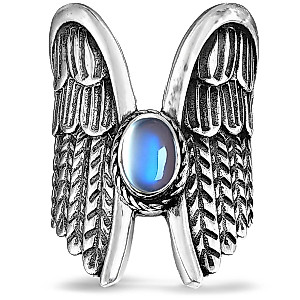 Big Large Angel Wings Moonstone Feather Wide Bands Ring for Women Girls,S925 Sterling Silver Full Finger Wide Bands Thumb Index Finger Ring,Retro Vintage Punk Gothic Biker Cocktail Gem Gemstone Crystal Stone Ring Jewelry Gift for Her (Ring_A, 10)