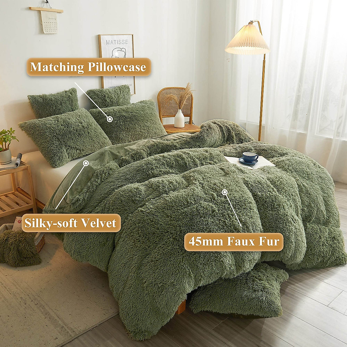 XeGe Plush Shaggy Duvet Cover Set, Luxury Soft Crystal Velvet Fluffy Furry Bedding Sets 3 Pieces(1 Faux Fur Fuzzy Comforter Cover + 2 Faux Fur Throw Pillow Shams), Zipper Closure (Queen, Sage Green)