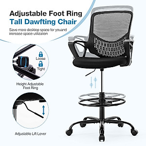 JHK Drafting Home Office Tall Computer Standing Desk Task Chair with Adjustable Foot Ring and Armrest, Breathable Mesh, Ergonomic Lumbar Support, 360° Swivel Rolling for Adult, Black