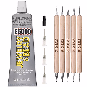 E6000 Jewelry Bead Adhesive Glue for Jewelry Making with 4 Precision Applicator Tips and Pixiss Art Dotting Stylus Pens 5 pcs Set - Rhinestone Applicator Kit