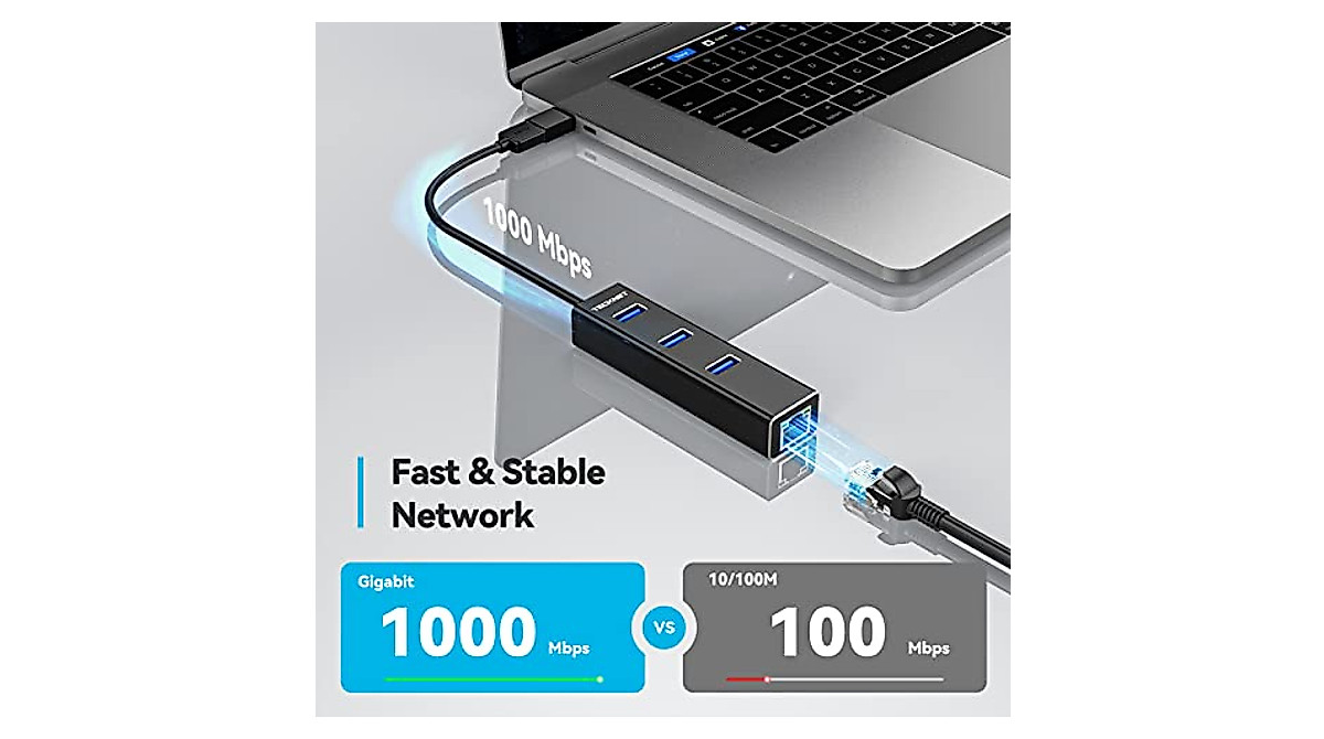 TECKNET USB C Ethernet Adapter + 3 Port USB 3.0 Hub | Gigabit