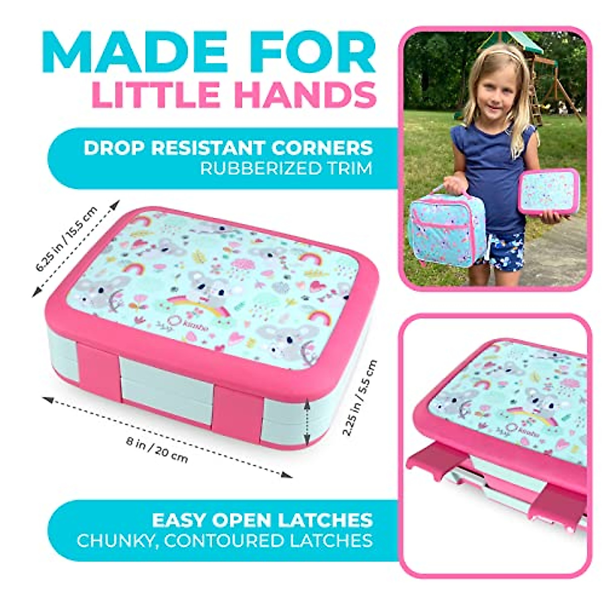 kinsho Bento Lunch Box with Water Bottle, Insulated Bag & Ice Pack Set for Kids Toddlers Girls, 4 Portion Sections, Removable Tray, Pre-School Kid Toddler Daycare Lunches, Snack Container, Pink Koala