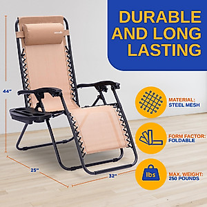 SereneLife Zero Gravity Chairs Set of 2 - Adjustable Steel Mesh Lawn Chairs - Outdoor Lounge Chairs with Detachable Cup Holder Tray - Foldable Outdoor Chair with Removable Pillows - Ivory