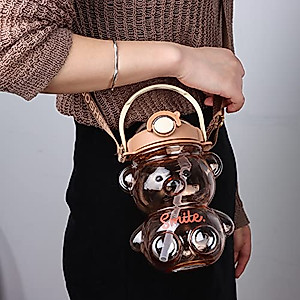 Kawaii Bear Straw Bottle, Large capacity bear water bottle with Strap and Straw, Cute Portable Bear shaped water Bottle Adjustable Removable Strap for outdoor and school activities(grey)