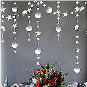 3 Pack Silver Party Decorations Moon Star Garland Ramadan Hanging Stars Circle Streamer Banner Backdrop Background for Wedding Birthday Christmas New Year EID Graduation Decor