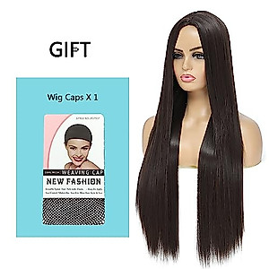 Long Straight Highlights wig Middle Part Natural hairline Synthetic Wigs for Women 24 Inch Heat Resistant Fibre for Daily Party Use(Dark Brown Mixed Brown)