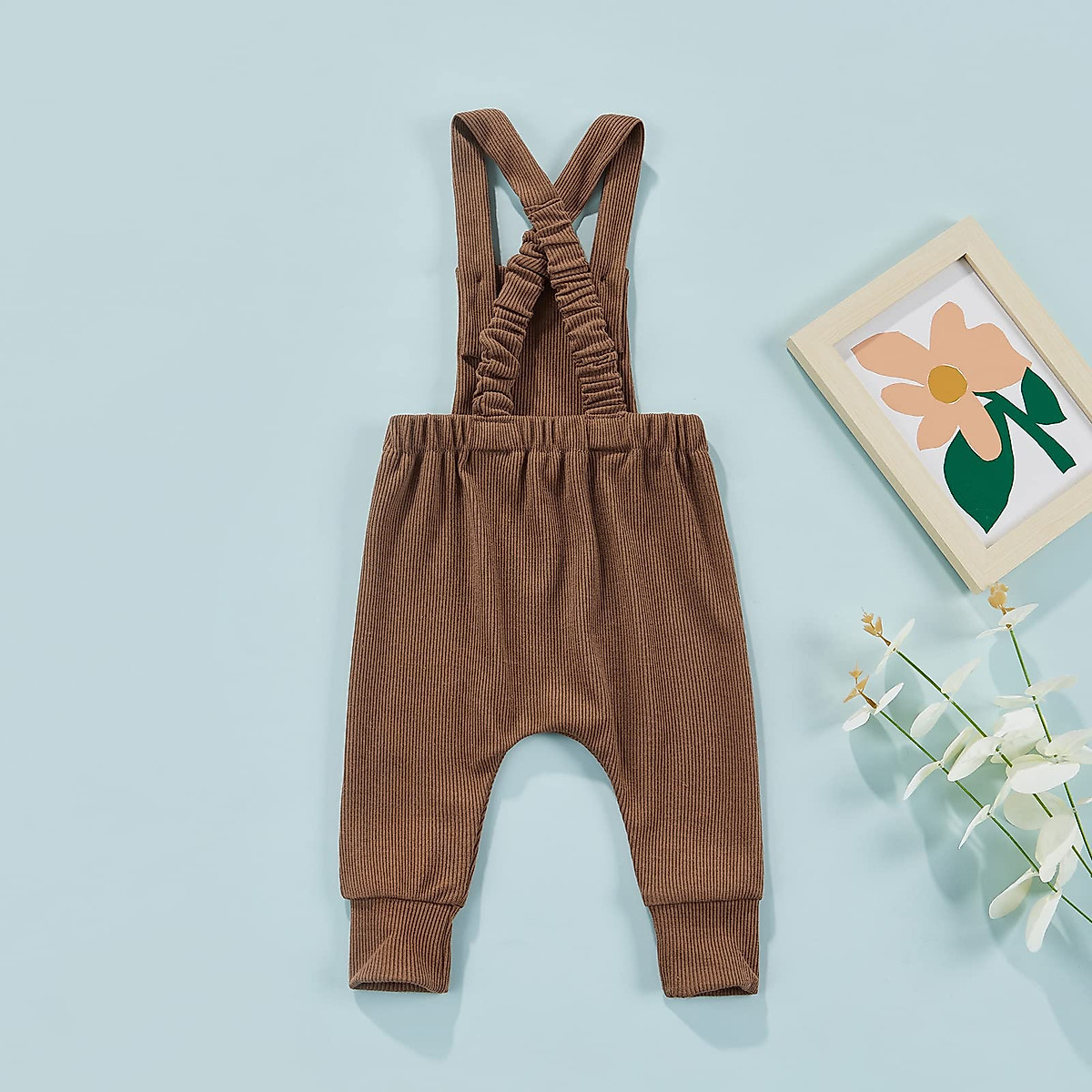 Karuedoo Newborn Baby Girls Boys Ribbed Overalls Solid Halter Backless Jumspuits Overalls Strap Suspender Pants Outfits (Brown, 12-18 Months)