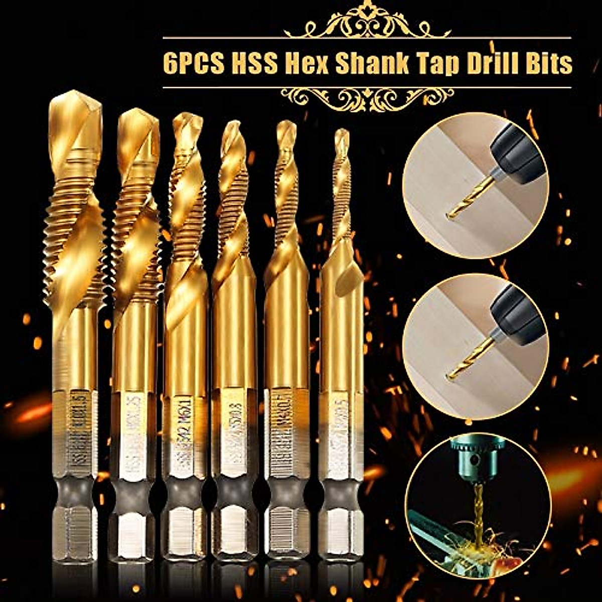 Combination Drill Tap, 6pcs 1/4" Hex Shank Metric Thread, M3-M10 Coated HSS Drill and Tap Bits Screw Taps Tool Set