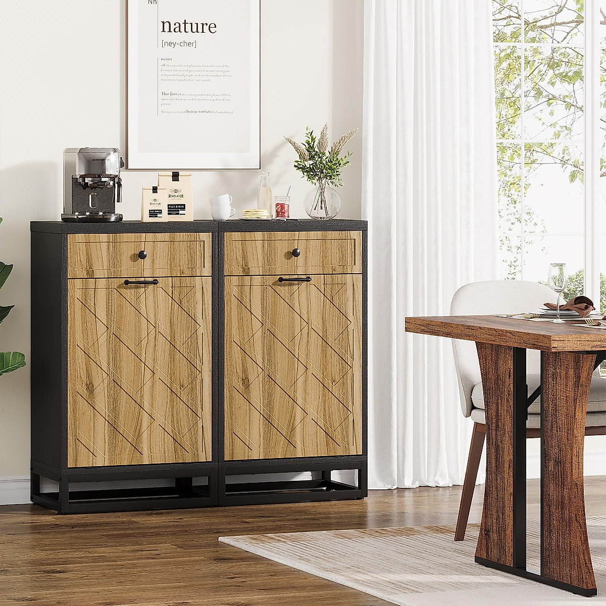 Condemo Tilt Out Trash Can Cabinet, 10 Gallon Trash Bin Cabinet with Drawer, Modern Recycling Storage Cabinet for Kitchen, Dining Room, Laundry, Brown and Black (No Trash Can)