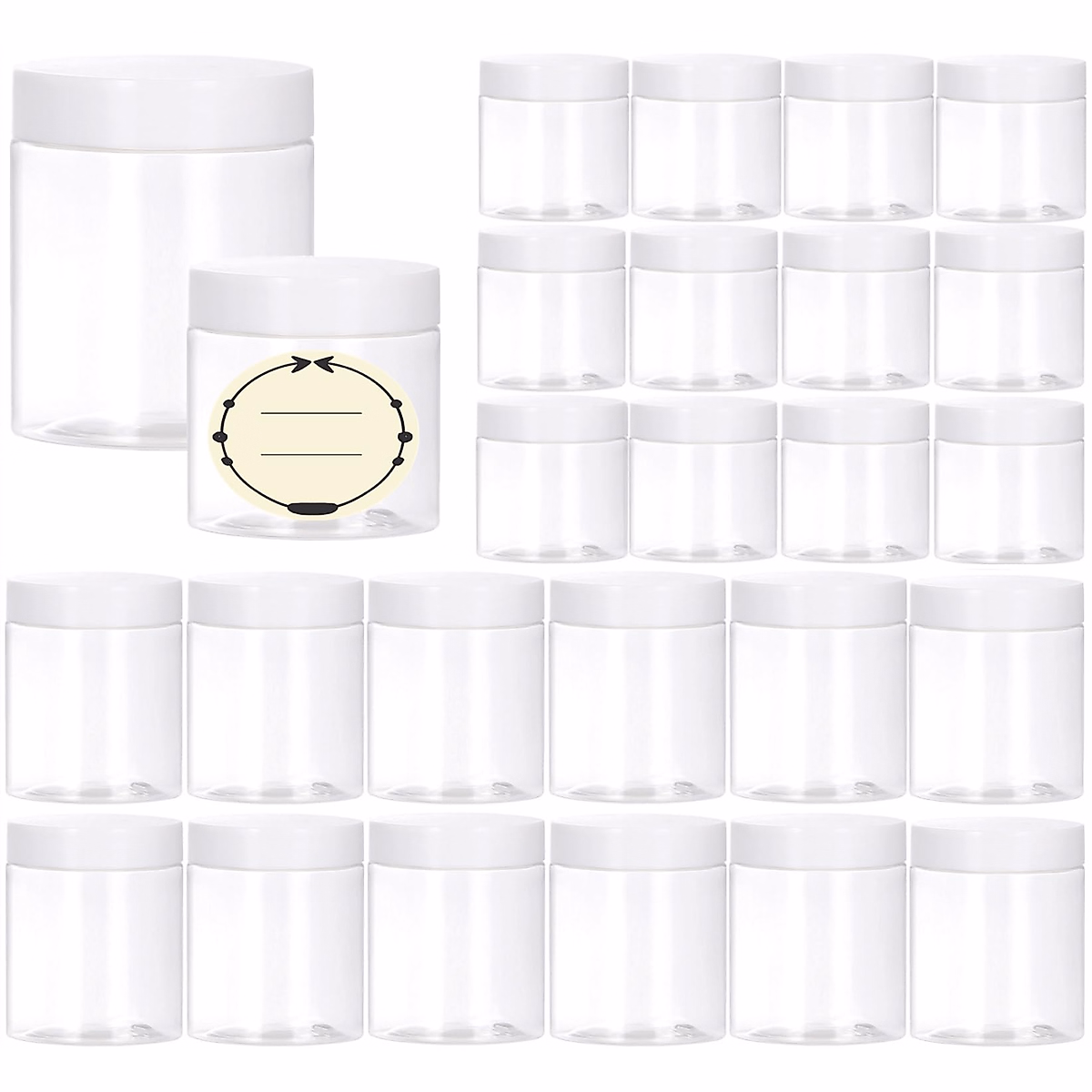 TUZAZO 24 Pack Empty Plastic Slime Containers with Lids and Labels - 12pcs 8 OZ and 12pcs 4 OZ Small Plastic Jars for Lotion, Cream, Ointments, Makeup, Glitters, Samples, Travel Storage