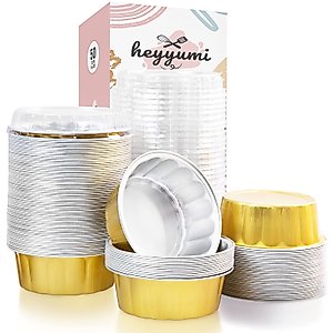 Disposable Ramekins,HEYYUMI 50pcs 8oz Aluminum Foil Baking Cups with Lids,Foil Cupcake Liners,Dessert Cups Flans,Creme Brulee Ramekins Cheesecake Containers,Disposable Muffin Tins Pans(Golden)