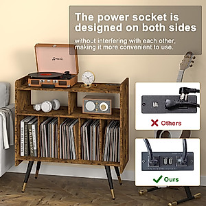 Large Record Player Stand, Vinyl Record Storage Cabinet with Power Outlet, Record Player Table Holds up to 350 Albums, Mid-Century End Table Turntable Stand for Living Room, Office