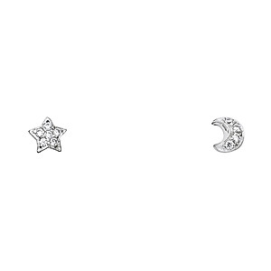 14k White Gold Star & Moon Stud Earrings with Screw Back
