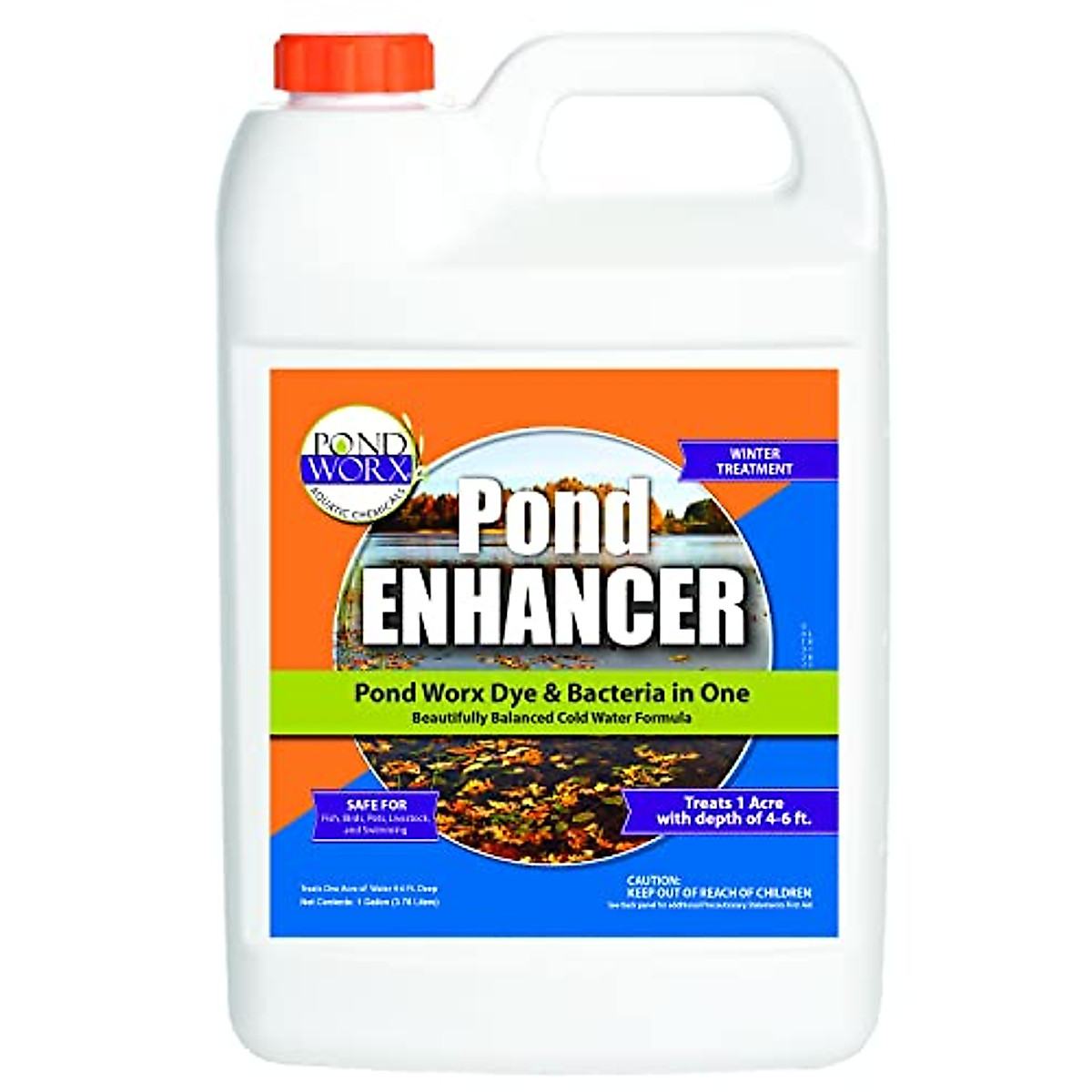 Pond Enhancer Gallon – Pondworx Concentrated Blue Dye with Pondworx Bacteria, 2 in 1 Formulation – Treats 1 Acre – Safe for Fish, Wildlife, Pets & Children