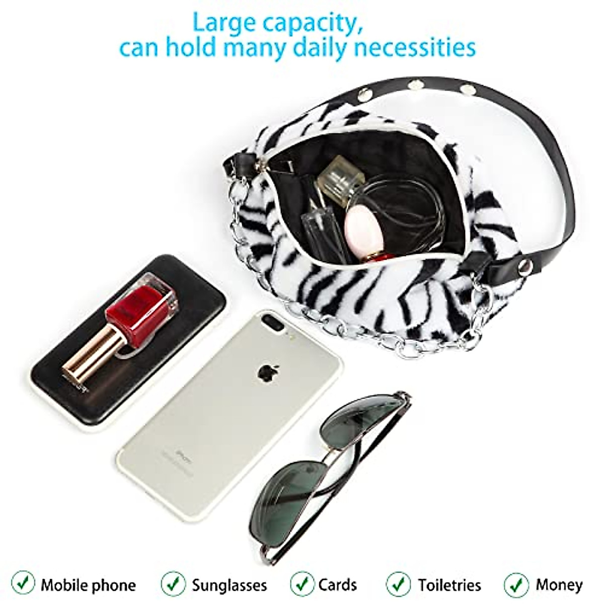 Veediyin fluffy bag cute tote bags Crossbody bags Handbag Plush Faux Fur animal print purses for women (White BW)