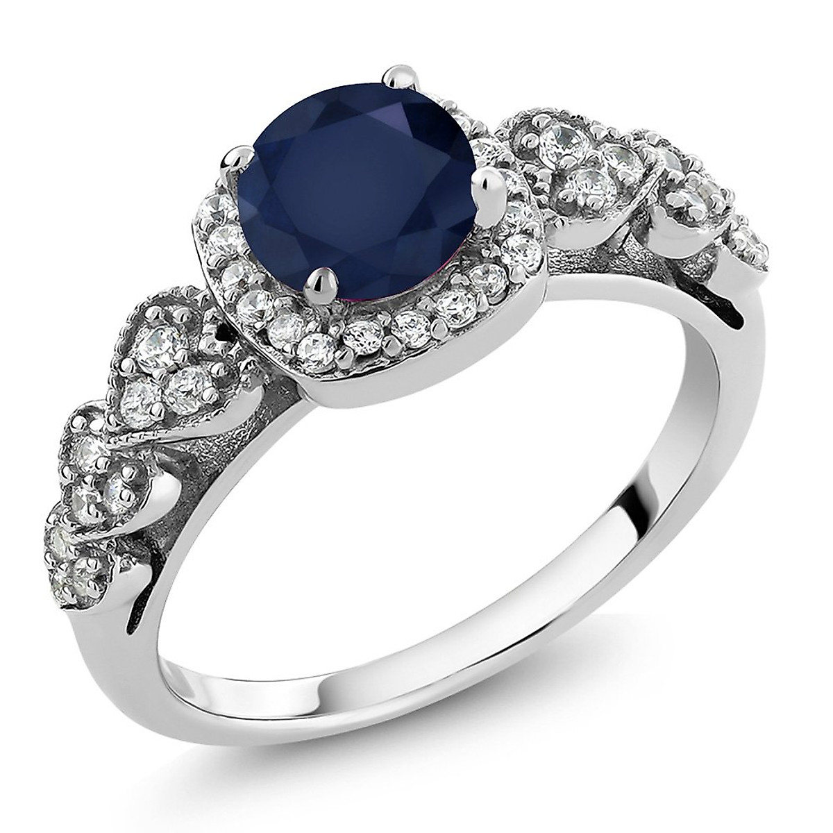 Gem Stone King 925 Sterling Silver Blue Sapphire Engagement Ring For Women (1.32 Cttw, Round Gemstone Birthstone, Available 5,6,7,8,9) (Size 7)
