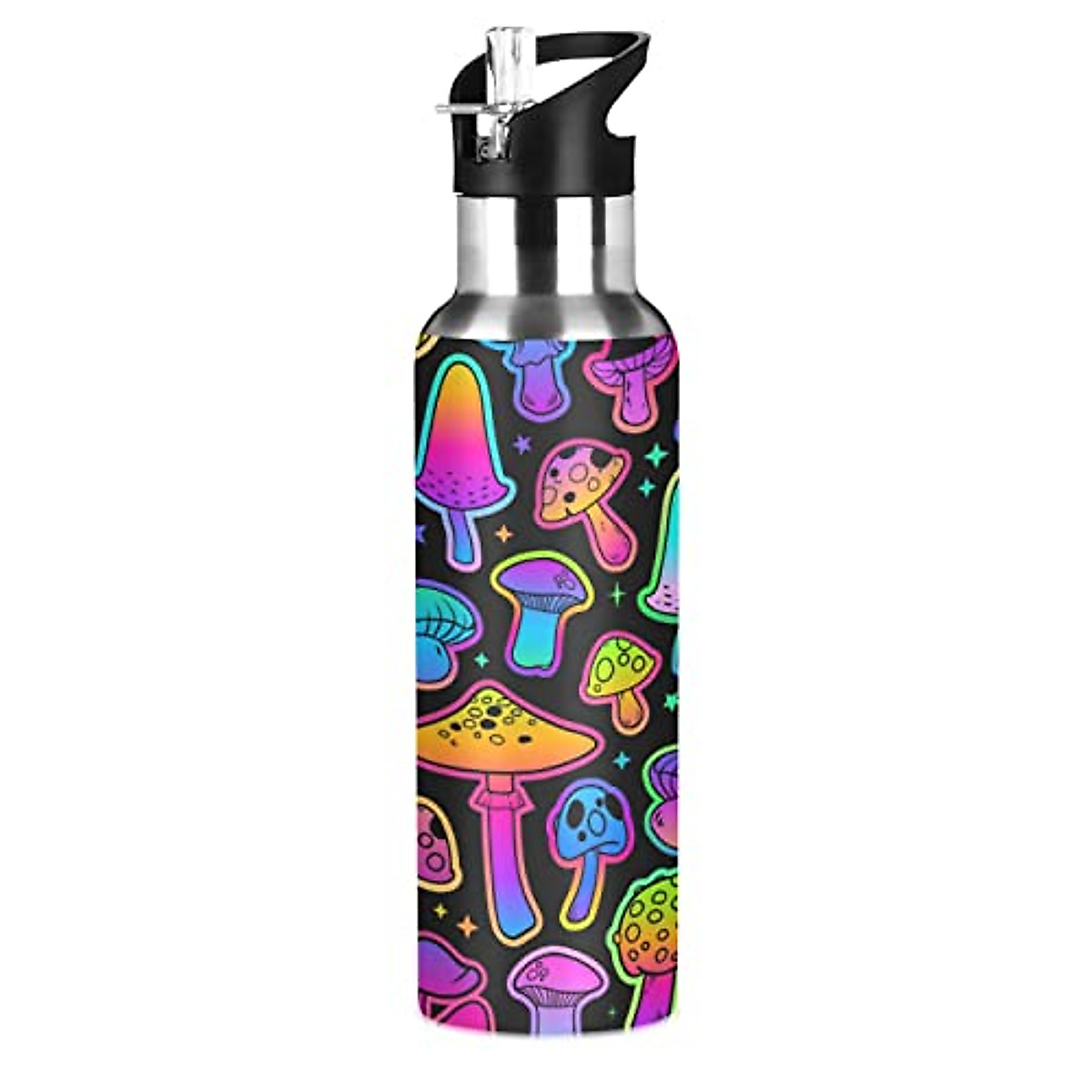 Oarencol Colorful Mushrooms Water Bottle Rainbow Star Stainless Steel Vacuum Insulated with Straw Lid 20 Oz