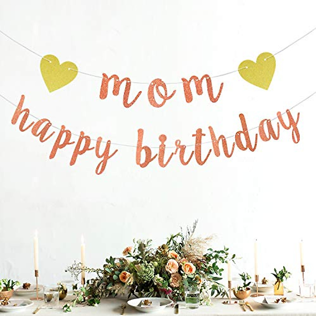 Rose Gold Glitter Happy Birthday Mom Banner - Cheers to Mother's Birthday Bunting Sign- Birthday Party Decorations Supplies for Women