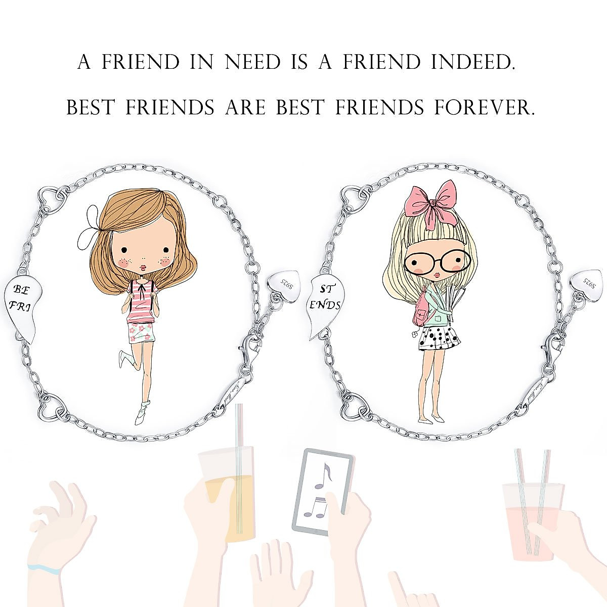 NINAMAID " BEST FRIENDS Engraved 925 Sterling Silver Half Heart Shaped Inspirational Friendship Bracelets Set of 2