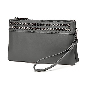 VASCHY Wristlet Clutch Purses, Large Studs Soft Vegan Leather Crossbody Evening Clutch Wallet for Women Gray