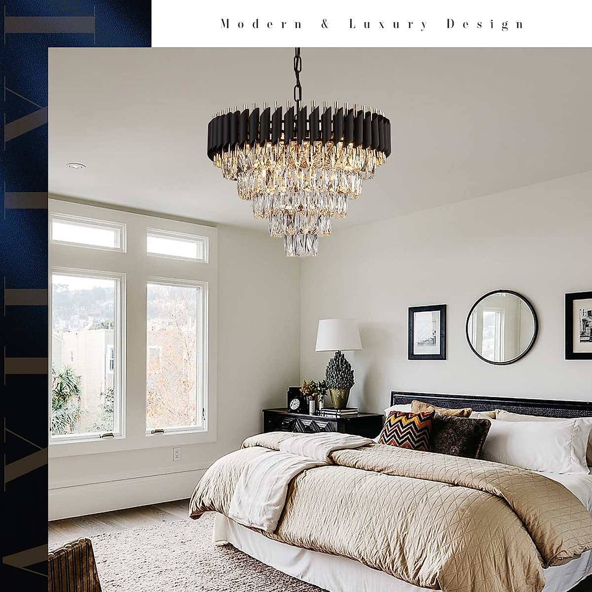 AXILIXI Crystal Chandelier Contemporary, 24" Modern Living Room Chandelier, K9 Crystal Ceiling Lights Fixtures, Round 5 Tiers Pendant Lighting Chandelier Black for Entryway Dining Room Staircase