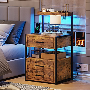 AOGLLATI Nightstand Set of 2 with Charging Station and LED Lights, Bedside Table with 3 Drawers and Open Storage Shelves, 2 USB Ports and 2 AC Outlets, LED Night Stand for Bedroom, Rustic Brown