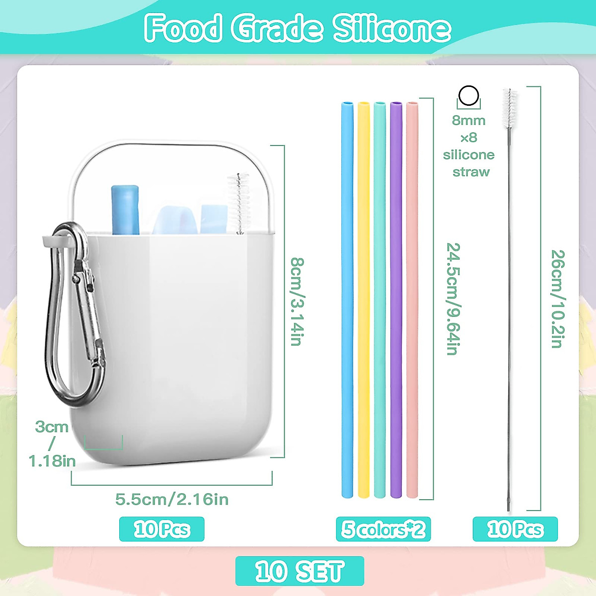 Mumufy 10 Set Silicone Travel Straws with Case Reusable Straws Foldable Drinking Straw Collapsible Portable Straw Set for Party Cold or Hot Straw with 10 Carry Cases 10 Cleaning Brushes 8.66 Inch Long