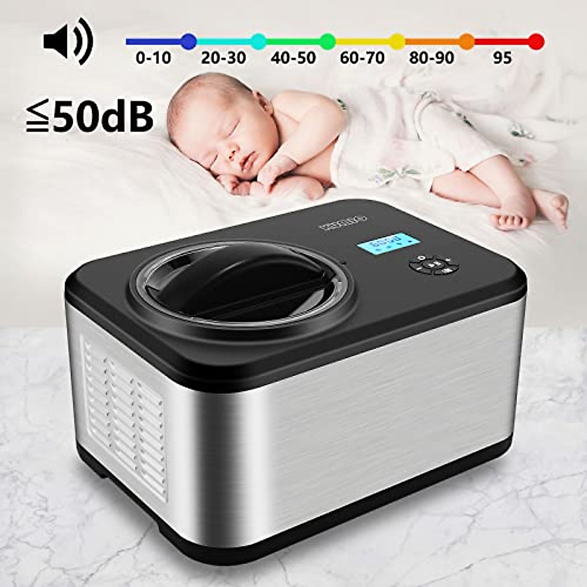 KUMIO 1.5 Quart Ice Cream Maker with Compressor, No Pre-Freezing, 4 Modes Ice Cream Maker Machine with LCD Display, Timer, Automatic Gelato & Yogurt Machine, Stainless Steel