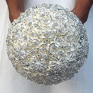 DOTKV Wedding Bouquet with Silver Luxury Artificial Diamond,Set Including Bouquets, Wrist Flowers,Corsage for Your Wedding with Full Hand-Made (Silver+Ivory)