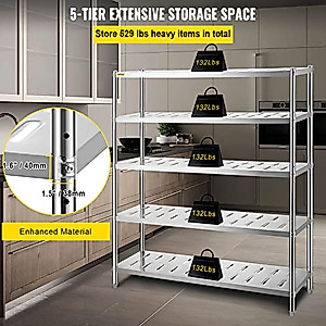 VEVOR Storage Shelf, 5-Tier Storage Shelving Unit, Stainless Steel Garage Shelf, 59.1 x 17.7 x 70.9 inch Heavy Duty Storage Shelving, 661 Lbs Total Capacity with Adjustable Height and Vent Holes