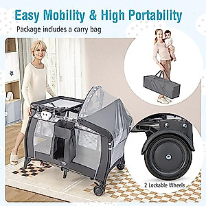 BABY JOY 4 in 1 Pack and Play, Portable Baby Playard with Bassinet, Adjustable Canopy, Changing Table, Lockable Wheels, Glowing Music Box, Travel Baby Crib Bassinet Bed from Newborn to Toddler