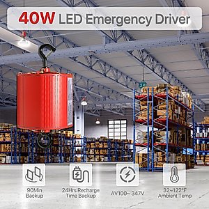 HYPERLITE 40W LED Emergency Driver, UFO LED High Bay Light Battery Backup Driver with Remote Control, Emergency Time 90 Min, AC Input 100-347V Output DC170V, UL Certified, IP65, 5-Year Warranty